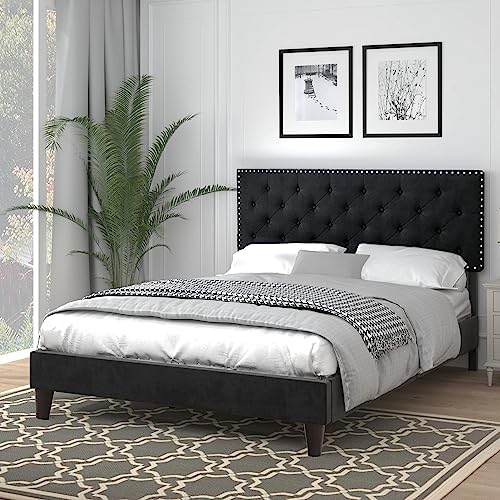 Catrimown Queen Bed Frame, Velvet Upholstered Bed Frame with Adjustable Button Tufted & Nailhead Trim Headboard, Wooden Slat Support/No Box Spring Needed/Easy Assembly, Black