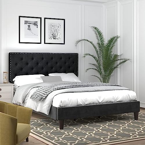 Catrimown Queen Bed Frame, Velvet Upholstered Bed Frame with Adjustable Button Tufted & Nailhead Trim Headboard, Wooden Slat Support/No Box Spring Needed/Easy Assembly, Black