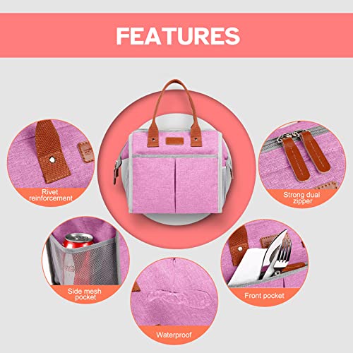 EASYFUN Lunch Bag for Women & Men, Large Insulated Lunch Box Cooler Tote Bags, Adult Reusable Lunch Boxes with Water Resistant for Work, Travel and Picnic (Rose Pink)