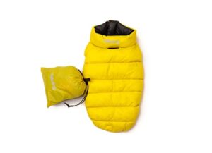 fabdog dog puffer coat - reversible pack n go dog coats for all breeds - comfy & colorful dog jackets are ideal gifts - clothes fit necks 8" | yellow/grey