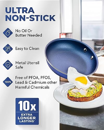 Granitestone 3 Pc Non Stick Frying Pans Set, Nonstick Frying Pans Nonstick 8/10 / 12 Inch Pan Skillets for Cooking with Stay Cool Handles, Induction Cookware, Dishwasher/Oven Safe, Non Toxic - Blue