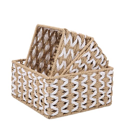 Storage Baskets Set 3 -Stackable Woven Basket Paper Rope Organizing Baskets Set Handmade Decorative Home Storage Bin for Makeup/Closet/Bathroom/Bedroom (off white)