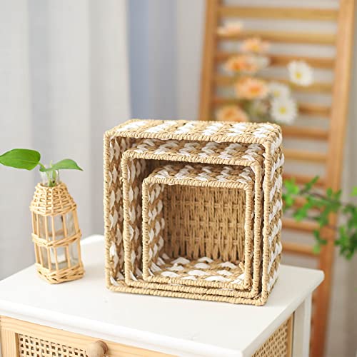 Storage Baskets Set 3 -Stackable Woven Basket Paper Rope Organizing Baskets Set Handmade Decorative Home Storage Bin for Makeup/Closet/Bathroom/Bedroom (off white)