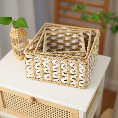 Storage Baskets Set 3 -Stackable Woven Basket Paper Rope Organizing Baskets Set Handmade Decorative Home Storage Bin for Makeup/Closet/Bathroom/Bedroom (off white)