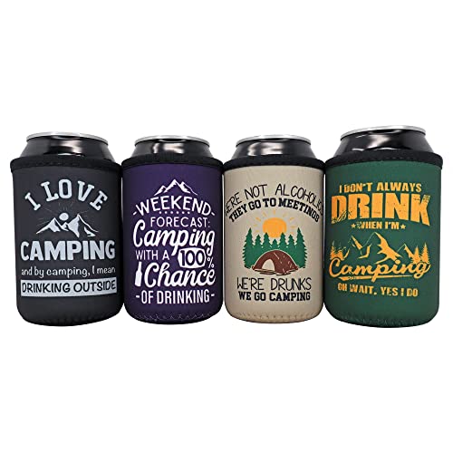 Camping Coozies Gifts for Couples - Happy Camper Must Haves, Camping Essentials, Small Gifts for People Who Have Everything, Insulated 12 oz. Coozies for Standard Stubby Cans, Funny Can Cooler Sleeves