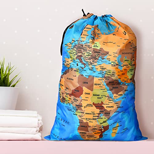 Laundry Bag 2 Pieces 22 x 16 Inch World Map Travel Laundry Bags Heavy Duty Big Laundry Bag Drawstring Travel Organizer Bag Dirty Clothes Organizer Bag for Traveling