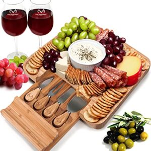 Realtree Bamboo Charcuterie Cheese Board & Knife Set, Serving Platter Tray with Cutlery Set, Housewarming Gifts, Entertaining, Cheese Serving Plate, Large Cheese Charcuterie Board