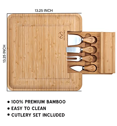 Realtree Bamboo Charcuterie Cheese Board & Knife Set, Serving Platter Tray with Cutlery Set, Housewarming Gifts, Entertaining, Cheese Serving Plate, Large Cheese Charcuterie Board