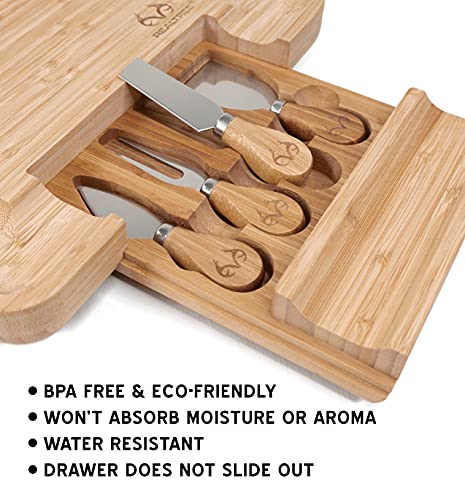 Realtree Bamboo Charcuterie Cheese Board & Knife Set, Serving Platter Tray with Cutlery Set, Housewarming Gifts, Entertaining, Cheese Serving Plate, Large Cheese Charcuterie Board