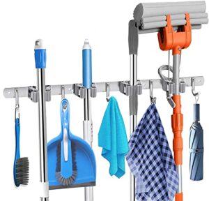 broom mop holder, wall mounted heavy duty stainless steel storage rack organization tools, kitchen garden garage or bathroom organization and storage (4 clip 5 hook)