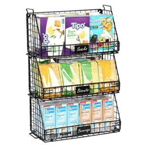 stackable pantry baskets household food storage organizer with handles name plate 3 pack-13.7 wide, foldable snack rack stand with open front stacking farmhouse bins for countertop cabinets kitchen