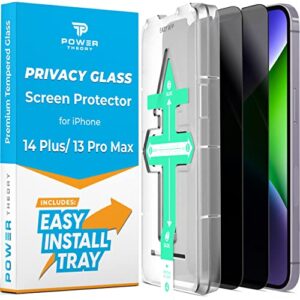 power theory privacy screen protector for iphone 14 plus, iphone 13 pro max tempered glass anti spy protection with easy install tray