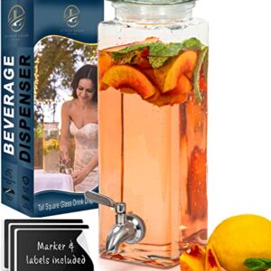 Square Glass Drink Dispenser for Parties - Stainless Steel Spigot + Marker & Label - 100% Leakproof Beverage Dispenser - Liquid Laundry Detergent Dispenser, Water Dispenser, Decorative Pitchers 80oz.