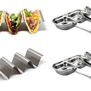 2 Packs, Taco Holders Set, Stainless Steel Taco Racks With Handles, Hold up to 3 taco, Oven Grill Dishwasher Safe, 2 Spoons, 2 Sauce cups, 2 Food tongs