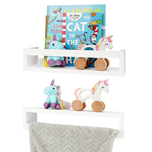 Nursery Book Shelves Wooden, Set of 2 - White Floating Book Shelves for Baby Nursery Shelf Decor and Kids Room - Nursery Wall Shelves, Floating Shelves for Books, Toys, Blankets, and Other Items