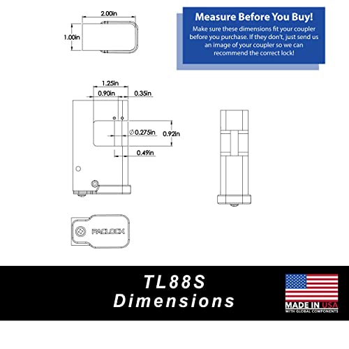 PACLOCK's TL88S Coupler Lock, Buy American Act Compliant, 304 Stainless Steel, High Security 6-Pin Cylinder, One Lock Keyed to #26547 w/ 2 Keys, Hidden Shackle