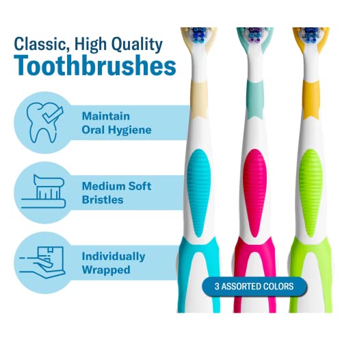 Reusable Toothbrushes, Individually Wrapped Medium Soft Standard Classic Brushes with Nylon Bristles for Dental Health, Oral Hygiene Tooth Care - 6 Pack by Blasting Health