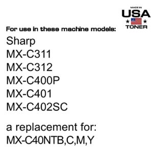 MADE IN USA TONER Compatible Replacement for Sharp MXC40NT, MX-C311, MX-C312, MX-C400P, MX-C401, MX-C402SC (Cyan, Magenta, Yellow, Black, 4 Pack)