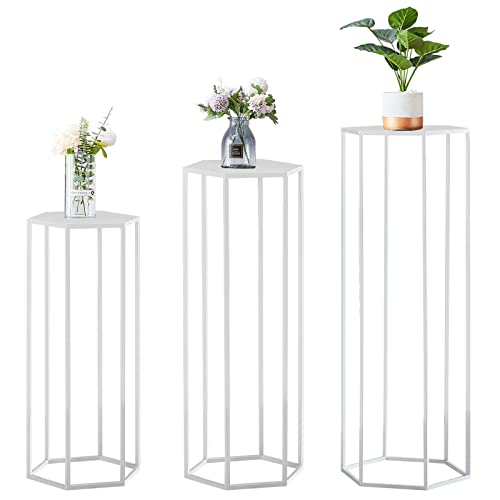 Mxfurhawa 27.55in Set of 3 Metal Plant Stand White Nesting Display End Table High Hexagon Rack Indoor Flower Holder Corner Planter Pot Rack Living Room & Patio Decor H19/23/27 Hexgon White