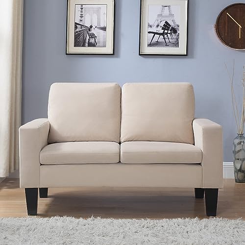 Nathaniel Home Upholstered Loveseat Sofa Couch with Solid Wood Frame and Breathable Linen Microfiber Fabric, for Living Room and Small Apartment, Beige