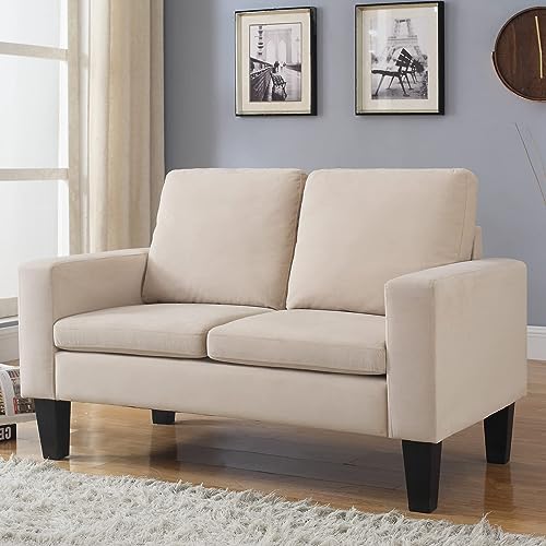 Nathaniel Home Upholstered Loveseat Sofa Couch with Solid Wood Frame and Breathable Linen Microfiber Fabric, for Living Room and Small Apartment, Beige