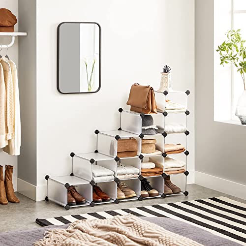 SONGMICS Cube Storage Organizer Bundle with Shoe Rack, Customizable Plastic Cabinet, Modular Bookshelf Storage Unit, Space-Saving for Entryway, Closet, Living Room, Bedroom, White ULPC06W and ULPC44S