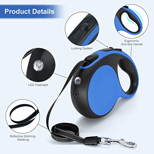 Retractable Dog Leash with Rechargeable LED Light for Night Walks, Newnique 16FT Dog Walking Leash with Chew Proof Cable, for Dog ups to 66lbs(Black Blue)