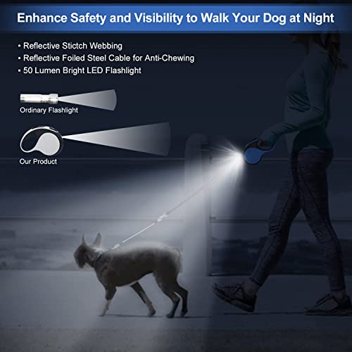 Retractable Dog Leash with Rechargeable LED Light for Night Walks, Newnique 16FT Dog Walking Leash with Chew Proof Cable, for Dog ups to 66lbs(Black Blue)