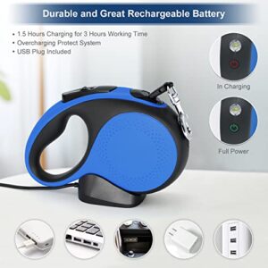 Retractable Dog Leash with Rechargeable LED Light for Night Walks, Newnique 16FT Dog Walking Leash with Chew Proof Cable, for Dog ups to 66lbs(Black Blue)