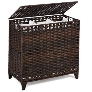 laundry hamper with 3 removable liner bags; 132l handwoven rattan laundry basket with lid & heightened feet; clothes hamper with side handles; laundry sorter with 3 separate sections (brown)