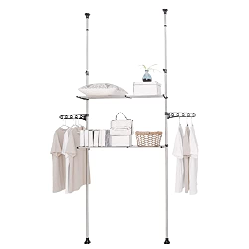 BAOYOUNI 2-Tier Adjustable Laundry Shelf Over The Toilet Washing Machine Storage Rack Tension Pole Bathroom Space Saver Organizer with Clothes Towels Hanger Hook, Black