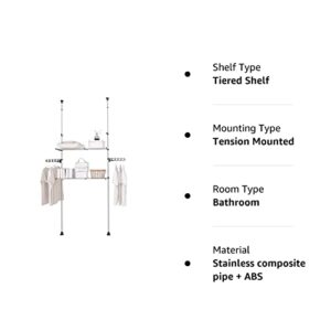 BAOYOUNI 2-Tier Adjustable Laundry Shelf Over The Toilet Washing Machine Storage Rack Tension Pole Bathroom Space Saver Organizer with Clothes Towels Hanger Hook, Black