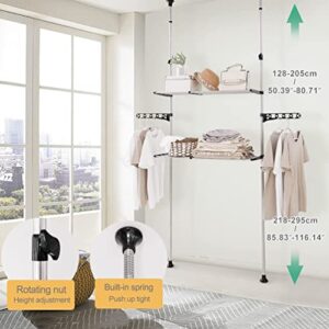 BAOYOUNI 2-Tier Adjustable Laundry Shelf Over The Toilet Washing Machine Storage Rack Tension Pole Bathroom Space Saver Organizer with Clothes Towels Hanger Hook, Black