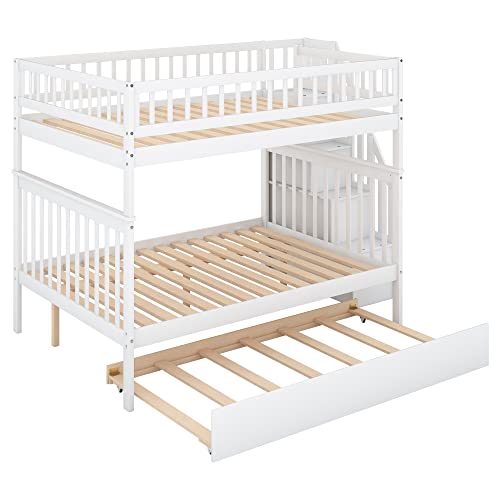 CITYLIGHT Full Over Full Bunk Bed for Adults Kids Teens, Full Over Full Bunk Beds with Trundle,Detachable Wood Full Bunk Bed with Staircase and Bookcase,White