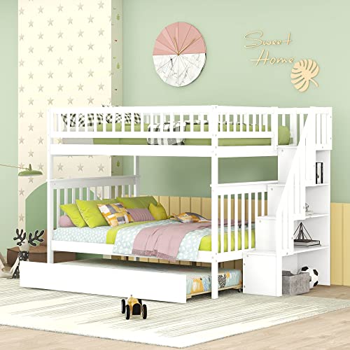 CITYLIGHT Full Over Full Bunk Bed for Adults Kids Teens, Full Over Full Bunk Beds with Trundle,Detachable Wood Full Bunk Bed with Staircase and Bookcase,White