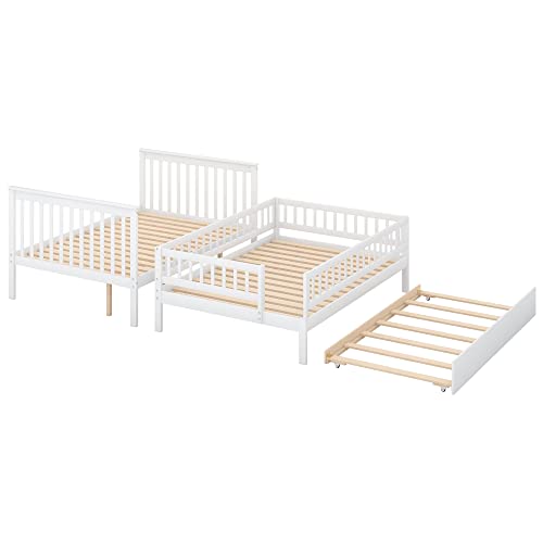 CITYLIGHT Full Over Full Bunk Bed for Adults Kids Teens, Full Over Full Bunk Beds with Trundle,Detachable Wood Full Bunk Bed with Staircase and Bookcase,White