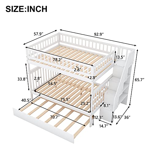 CITYLIGHT Full Over Full Bunk Bed for Adults Kids Teens, Full Over Full Bunk Beds with Trundle,Detachable Wood Full Bunk Bed with Staircase and Bookcase,White