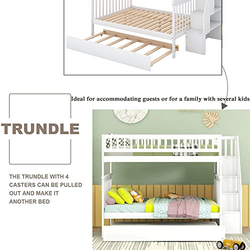 CITYLIGHT Full Over Full Bunk Bed for Adults Kids Teens, Full Over Full Bunk Beds with Trundle,Detachable Wood Full Bunk Bed with Staircase and Bookcase,White