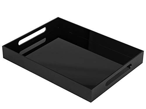 HofferRuffer Black Serving Tray, Waterproof Acrylic Tray with Handles for Coffee Table, Ottoman, Breakfast, Tea, Food, 16" x 12"