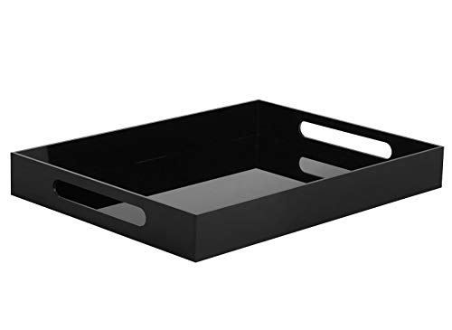 HofferRuffer Black Serving Tray, Waterproof Acrylic Tray with Handles for Coffee Table, Ottoman, Breakfast, Tea, Food, 16" x 12"