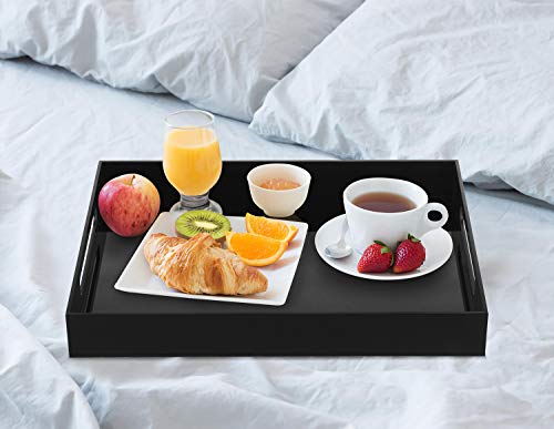 HofferRuffer Black Serving Tray, Waterproof Acrylic Tray with Handles for Coffee Table, Ottoman, Breakfast, Tea, Food, 16" x 12"