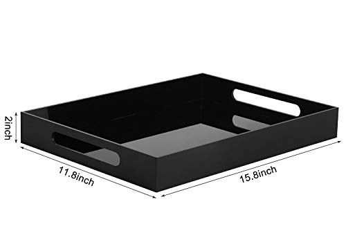 HofferRuffer Black Serving Tray, Waterproof Acrylic Tray with Handles for Coffee Table, Ottoman, Breakfast, Tea, Food, 16" x 12"