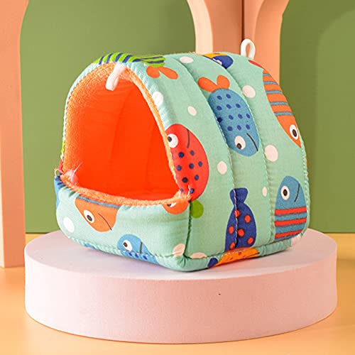 LAPUTA Guinea Pig Nest Hamster Cuddle Cave Winter Bed Warm Cartoon Pattern Sleeping Cushion Pet Hideout Small Animal Squirrel Hedgehog House Mini Cage Green Fish XL