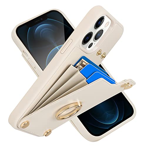 LAMEEKU for iPhone 12 Pro Max Wallet Case, Case with Card Holder, 360°Rotation Ring Kickstand, RFID Blocking Leather Protective Case Designed for Women for Apple iPhone 12 Pro Max 6.7'' Beige