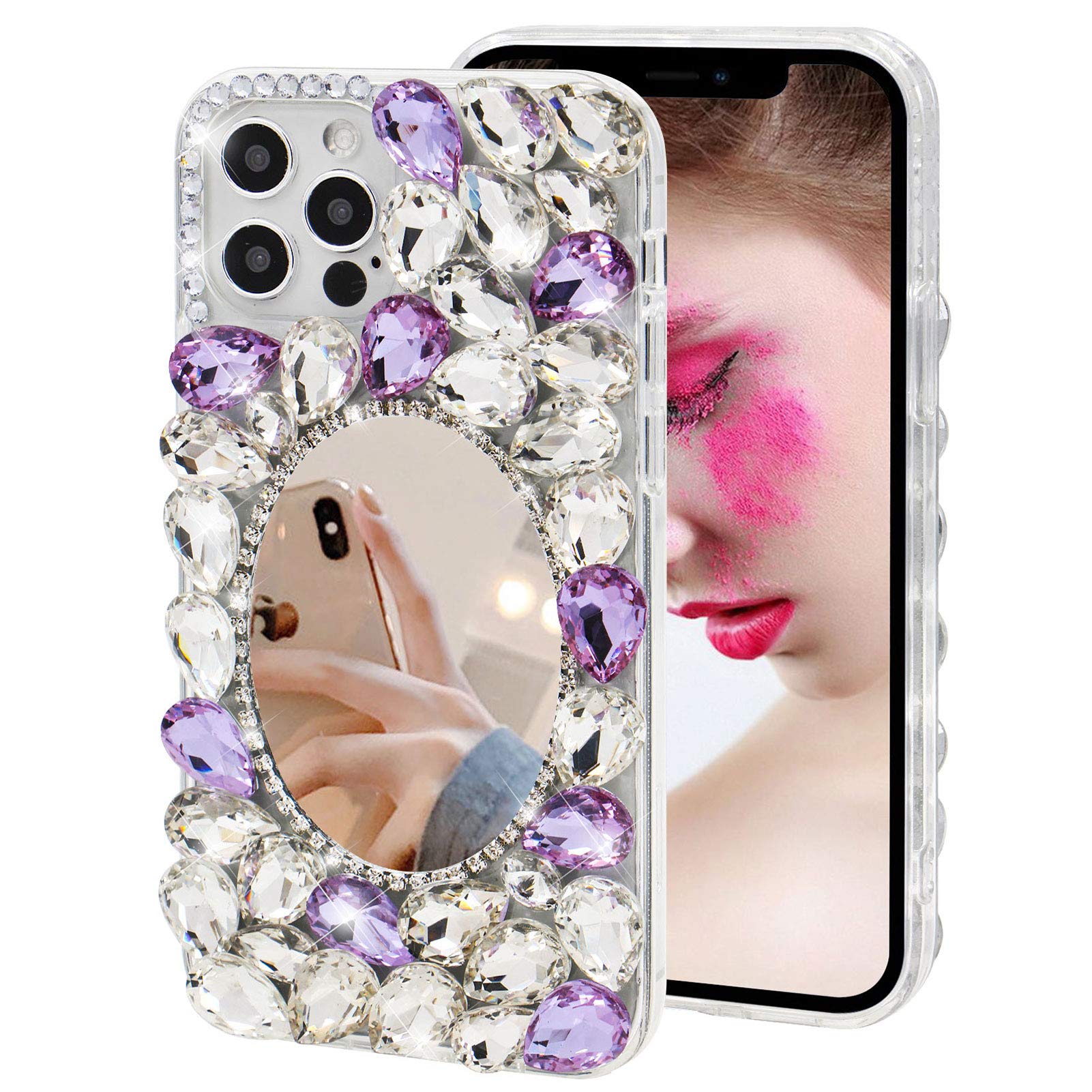 Crystal Mirror Case for iPhone 13 Pro,Luxury Sparkle Bling 3D Diamond Rhinestone Phone Case Women Girls Makeup MOIKY Clear Slim Shockproof TPU Bumper Protective Cover for iPhone 13 Pro(White+Purple)