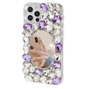 Crystal Mirror Case for iPhone 13 Pro,Luxury Sparkle Bling 3D Diamond Rhinestone Phone Case Women Girls Makeup MOIKY Clear Slim Shockproof TPU Bumper Protective Cover for iPhone 13 Pro(White+Purple)