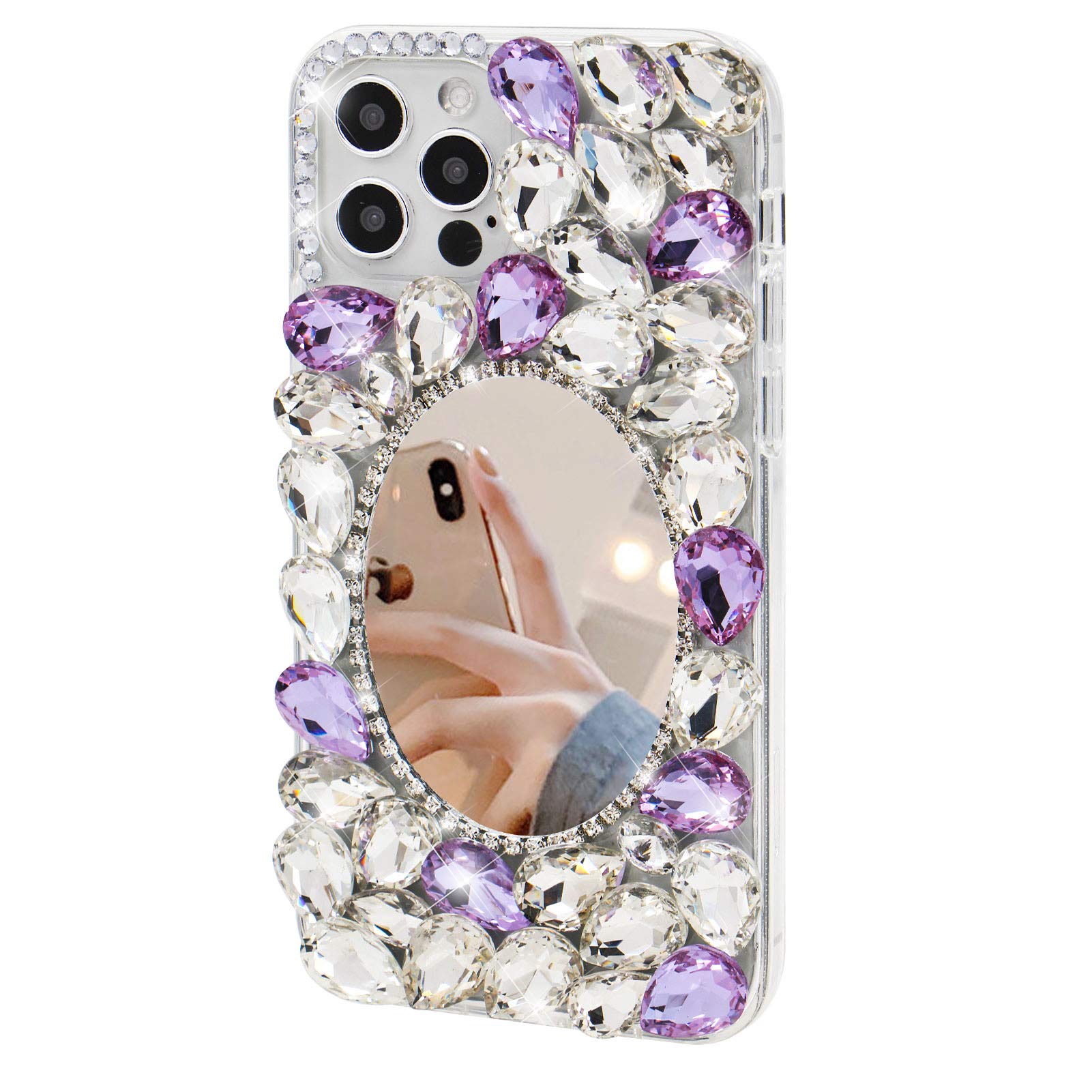 Crystal Mirror Case for iPhone 13 Pro,Luxury Sparkle Bling 3D Diamond Rhinestone Phone Case Women Girls Makeup MOIKY Clear Slim Shockproof TPU Bumper Protective Cover for iPhone 13 Pro(White+Purple)