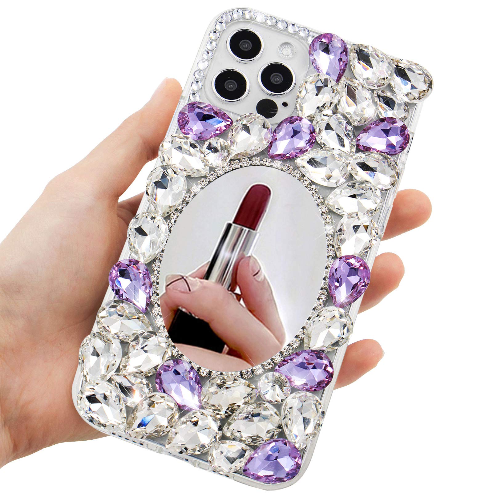 Crystal Mirror Case for iPhone 13 Pro,Luxury Sparkle Bling 3D Diamond Rhinestone Phone Case Women Girls Makeup MOIKY Clear Slim Shockproof TPU Bumper Protective Cover for iPhone 13 Pro(White+Purple)