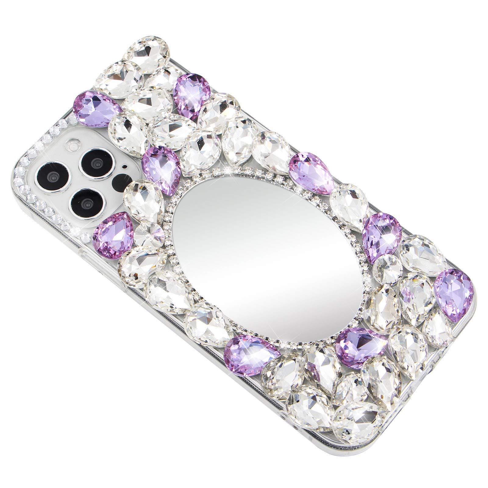 Crystal Mirror Case for iPhone 13 Pro,Luxury Sparkle Bling 3D Diamond Rhinestone Phone Case Women Girls Makeup MOIKY Clear Slim Shockproof TPU Bumper Protective Cover for iPhone 13 Pro(White+Purple)