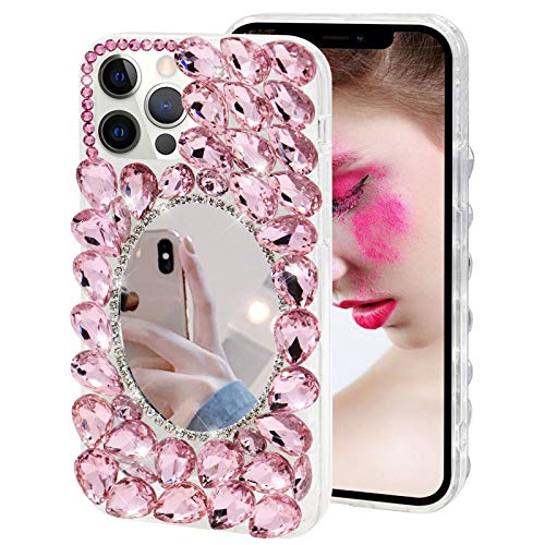 Crystal Mirror Case for iPhone 13 Pro,Luxury Sparkle Bling 3D Diamond Rhinestone Phone Case Women Girls Makeup MOIKY Clear Slim Shockproof TPU Bumper Protective Cover for iPhone 13 Pro(Pink)